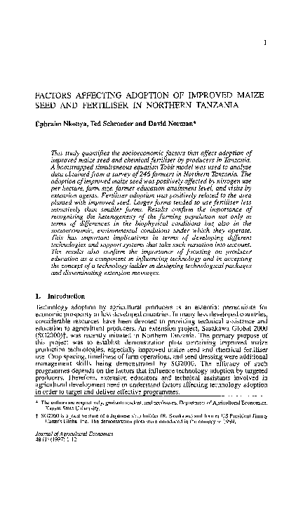 (PDF) Factors Affecting Adoption of Improved Maize Seed and Fertiliser in Northern Tanzania
