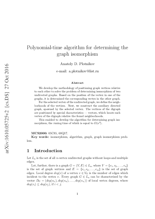 Pdf Polynomial Time Algorithm For Determining The Graph Isomorphism Anatoly D Plotnikov 0992