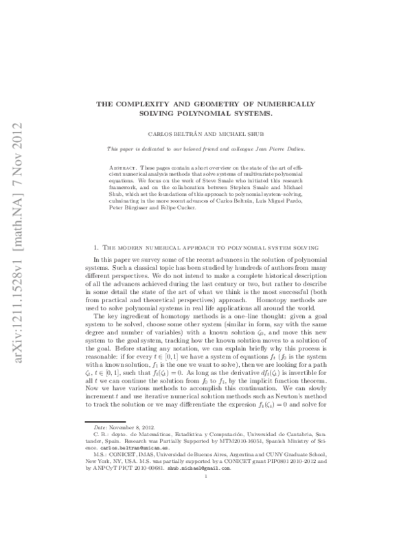 (PDF) The complexity and geometry of numerically solving polynomial systems