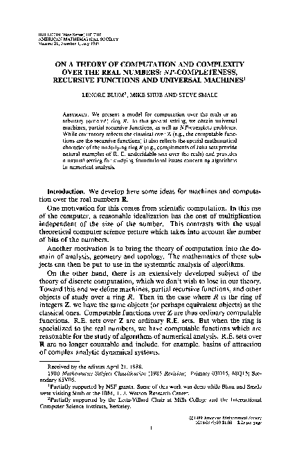 Pdf On A Theory Of Computation And Complexity Over The Real Numbers