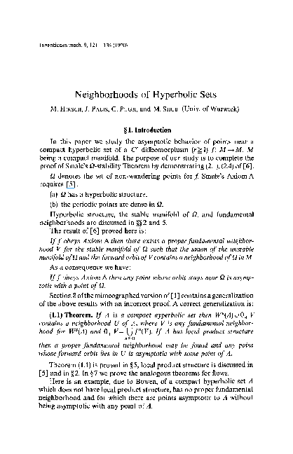 (PDF) Neighborhoods of hyperbolic sets | Michael Shub - Academia.edu
