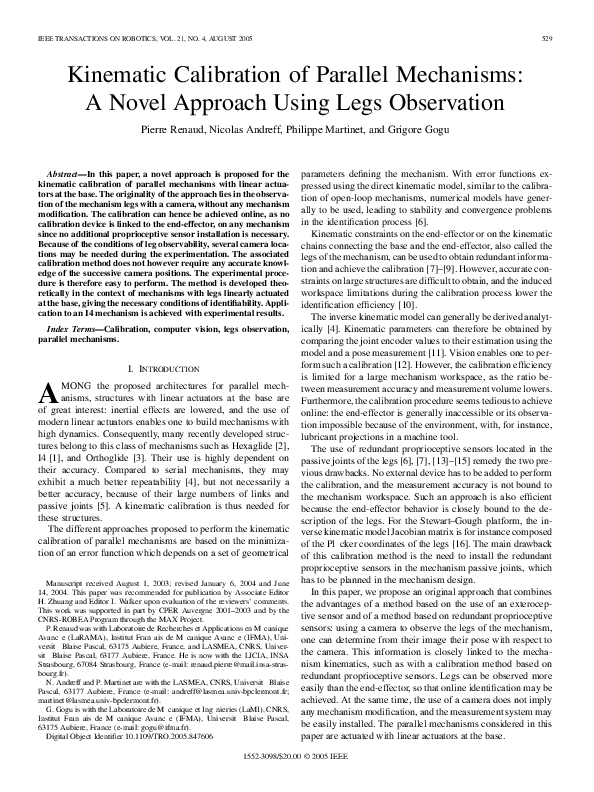 (PDF) Kinematic Calibration of Parallel Mechanisms: A Novel Approach Using Legs Observation