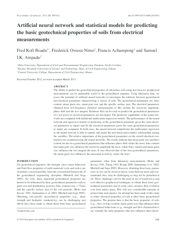 Pdf Artificial Neural Network And Statistical Models For Predicting The Basic Geotechnical