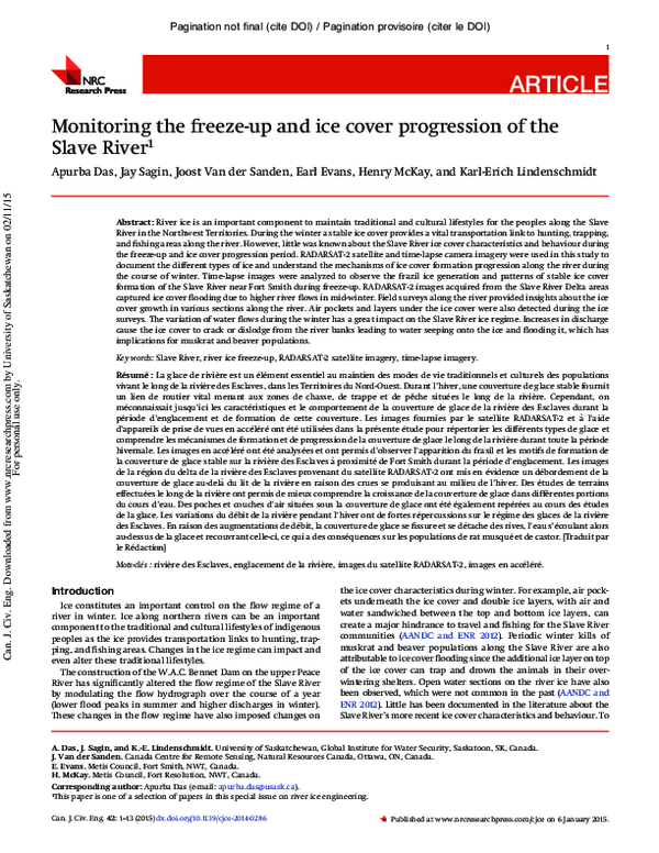 (PDF) Monitoring the freeze-up and ice cover progression of the Slave ...
