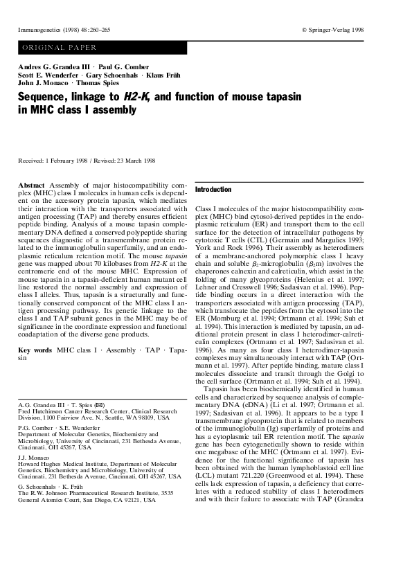 (PDF) Sequence, Linkage to H2-K, and Function of Mouse Tapasin in MHC ...