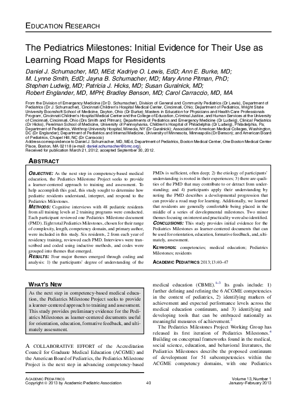 (PDF) The Pediatrics Milestones: Initial Evidence for Their Use as ...
