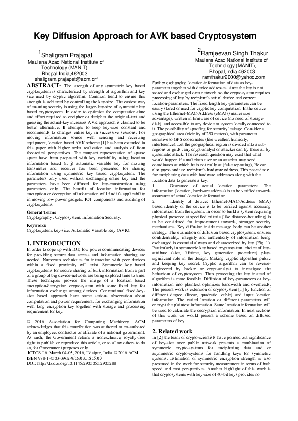 (PDF) Key Diffusion Approach for AVK based Cryptosystem