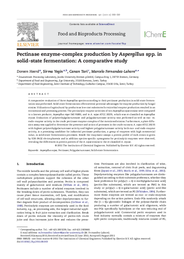 Pdf Pectinase Enzyme Complex Production By Aspergillus Spp In Solid State Fermentation A