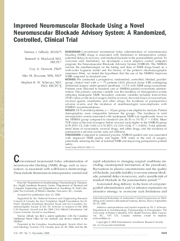 (PDF) Improved Neuromuscular Blockade Using a Novel Neuromuscular ...