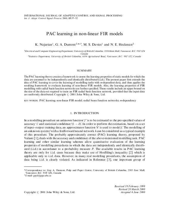 (PDF) PAC learning in non-linear FIR models
