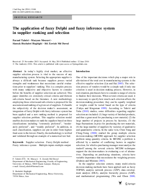 Pdf The Application Of Fuzzy Delphi And Fuzzy Inference System In