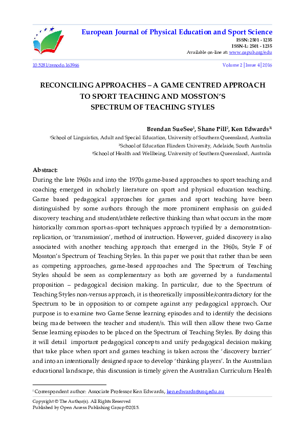 (PDF) RECONCILING APPROACHES – A GAME CENTRED APPROACH TO SPORT ...