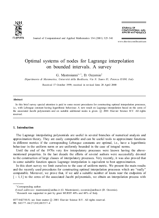 Pdf Optimal Systems Of Nodes For Lagrange Interpolation On Bounded