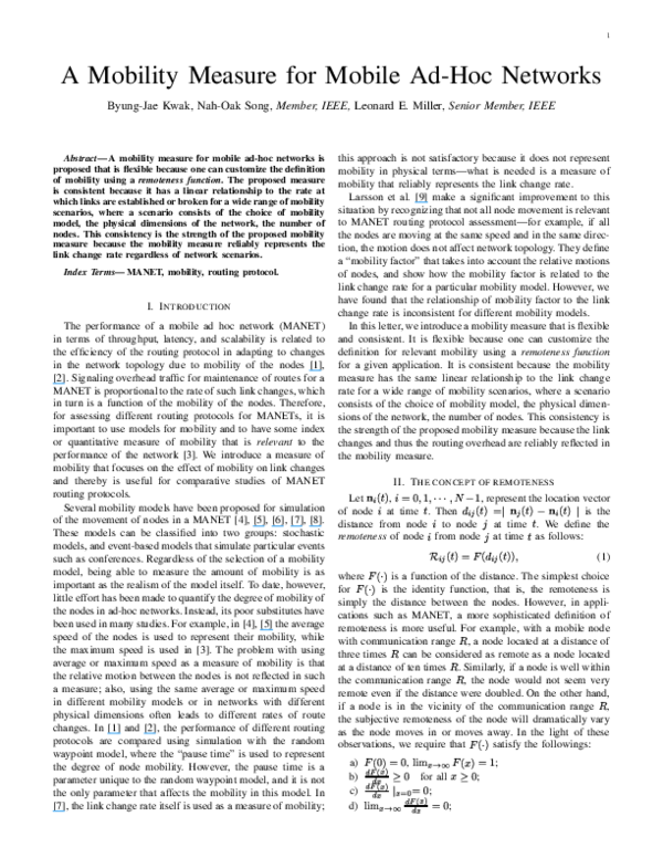 Pdf A Mobility Measure For Mobile Ad Hoc Networks