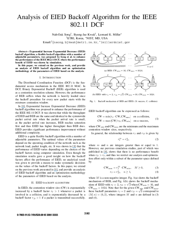 Pdf Analysis Of Eied Backoff Algorithm For The Ieee 802 11 Dcf