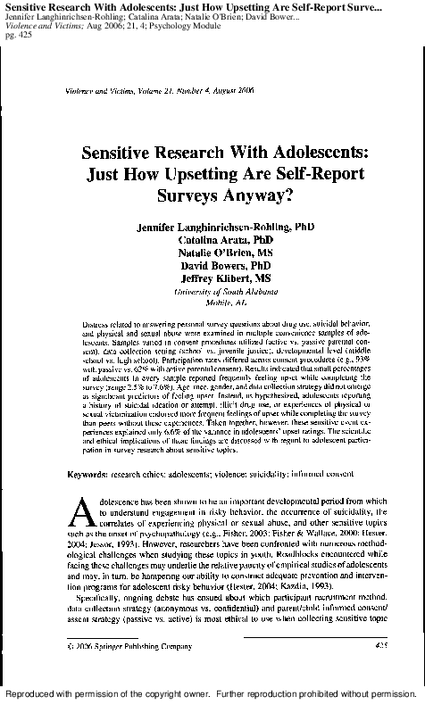 (PDF) Sensitive Research With Adolescents: Just How Upsetting Are Self ...