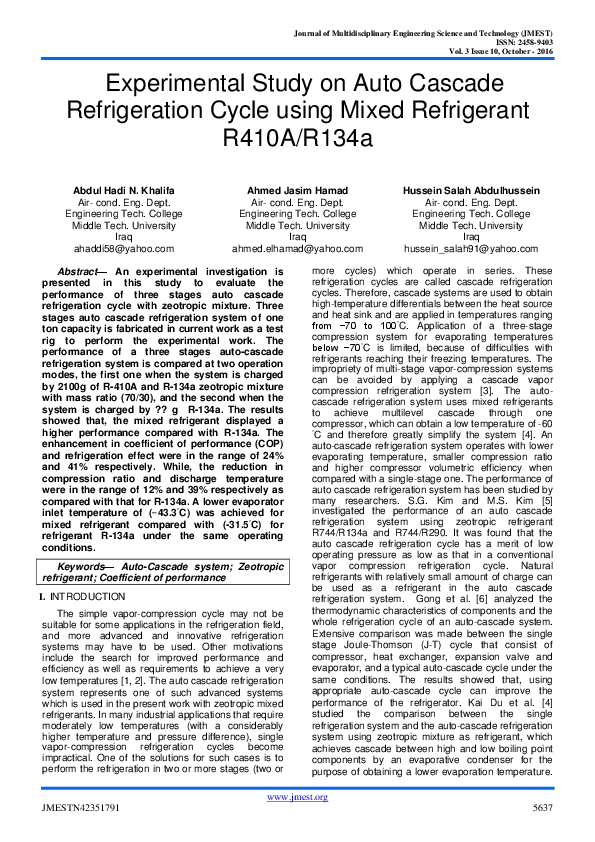 (PDF) Experimental Study on Auto Cascade Refrigeration Cycle using ...