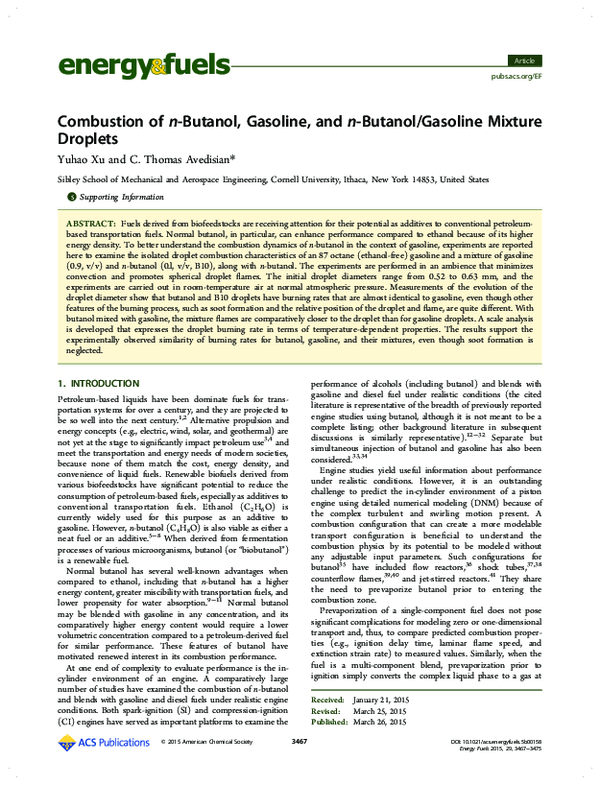 (PDF) Combustion of n-Butanol, Gasoline, and n-Butanol/Gasoline Mixture Droplets