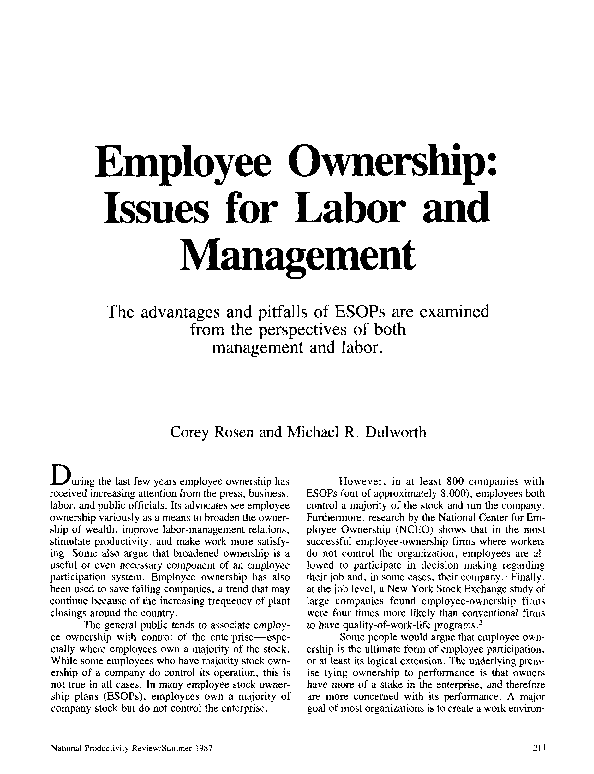 (PDF) Employee ownership: Issues for labor and management