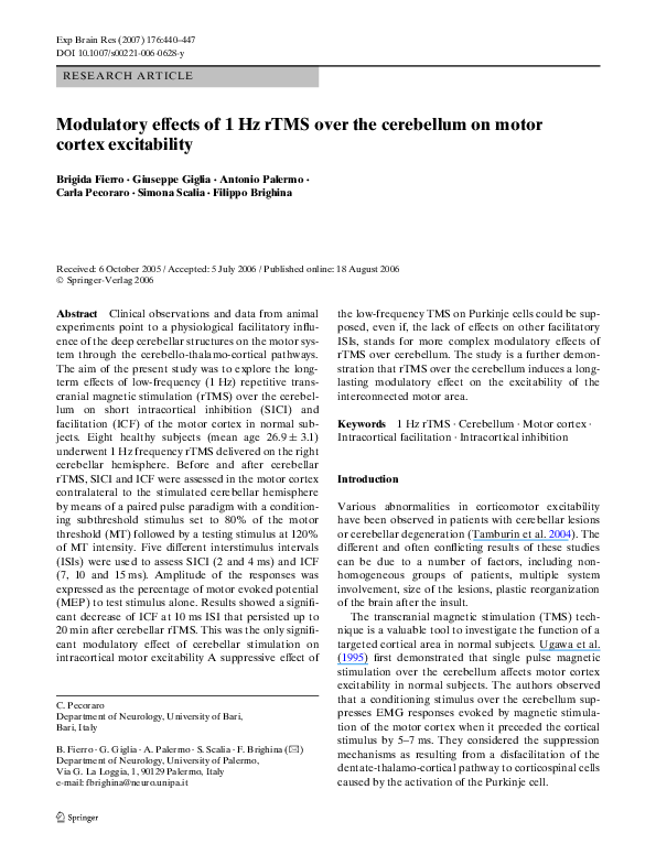(PDF) Modulatory effects of 1 Hz rTMS over the cerebellum on motor cortex excitability