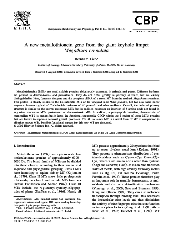 (PDF) A new metallothionein gene from the giant keyhole limpet ...