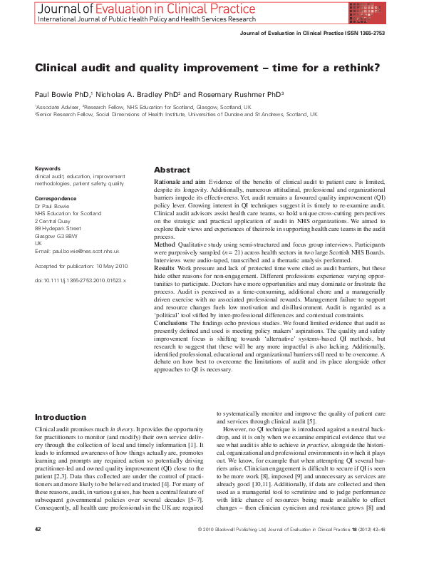 (PDF) Clinical audit and quality improvement - time for a rethink?