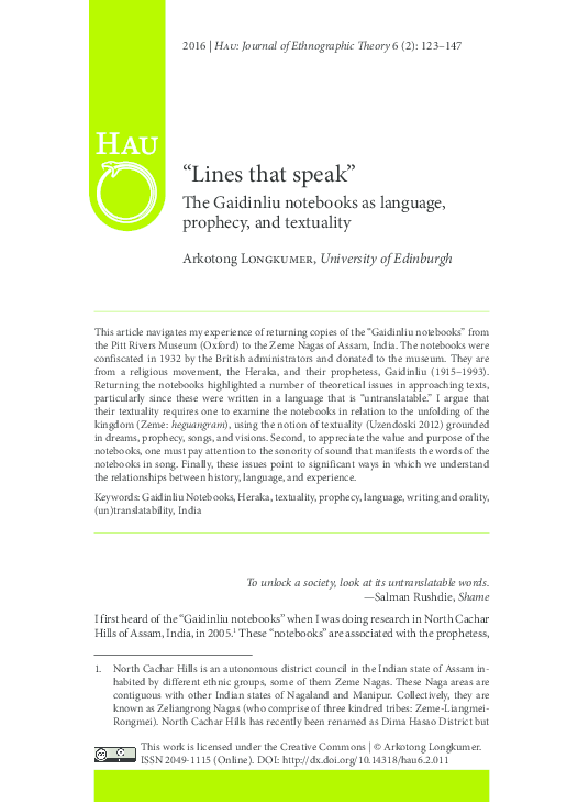 (PDF) Lines that Speak: Gaidinliu Notebooks as language, prophecy and textuality