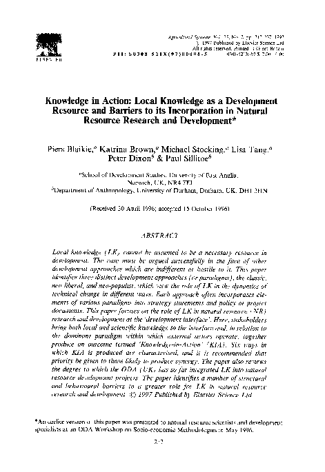 (PDF) Knowledge in action: Local knowledge as a development resource ...