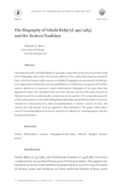 (PDF) The Biography of Vahshi Bāfqi (d. 991/1583) and the Tazkera Tradition