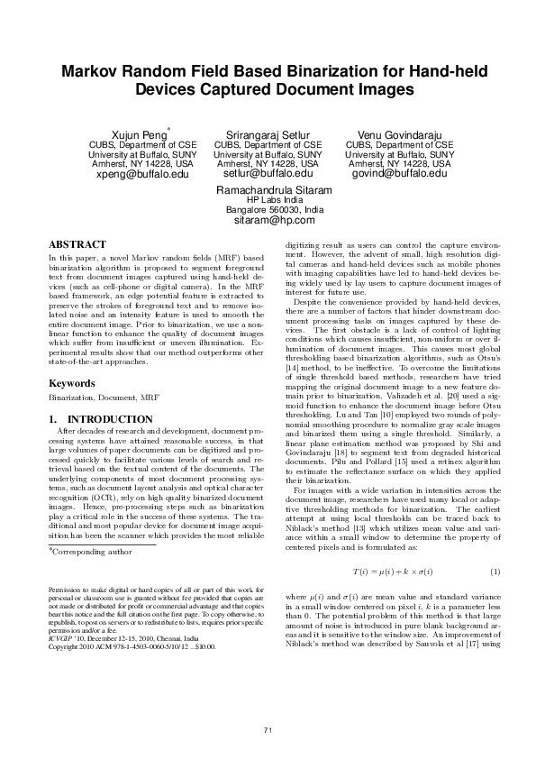 Pdf Markov Random Field Based Binarization For Hand Held Devices Captured Document Images