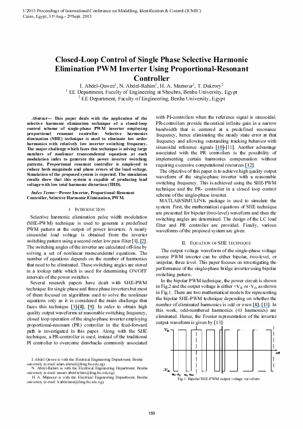 (PDF) Closed-loop control of single phase selective harmonic elimination PWM inverter using ...