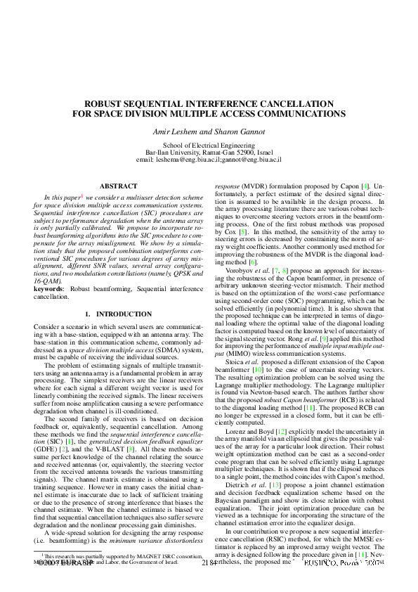 Pdf Robust Sequential Interference Cancellation For Space Division Multiple Access