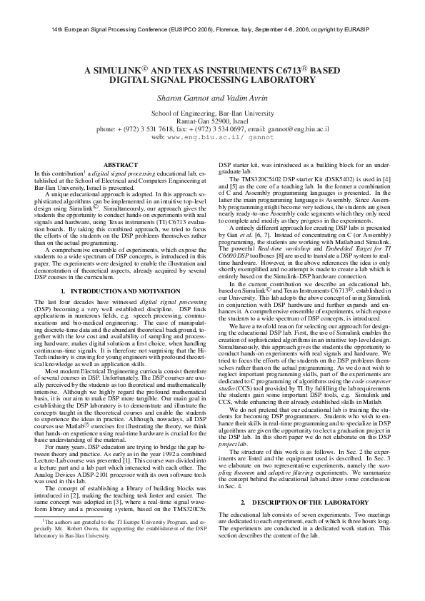 Pdf A Simulink Co And Texas Instruments C6713® Based Digital Signal Processing Laboratory 