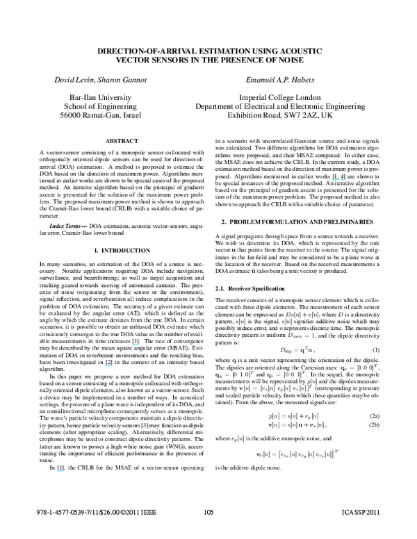 (PDF) Direction-of-arrival estimation using acoustic vector sensors in the presence of noise