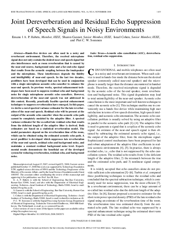 Pdf Joint Dereverberation And Residual Echo Suppression Of Speech Signals In Noisy Environments