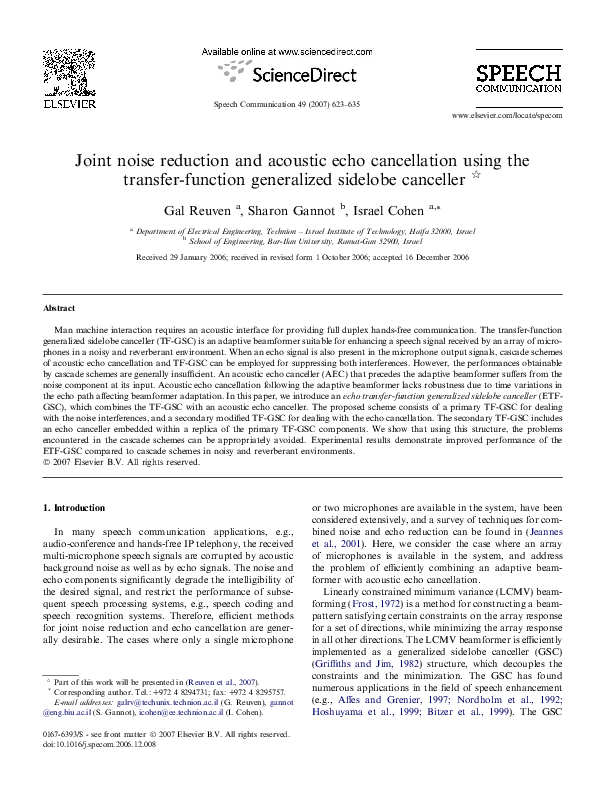 Pdf Joint Noise Reduction And Acoustic Echo Cancellation Using The Transfer Function