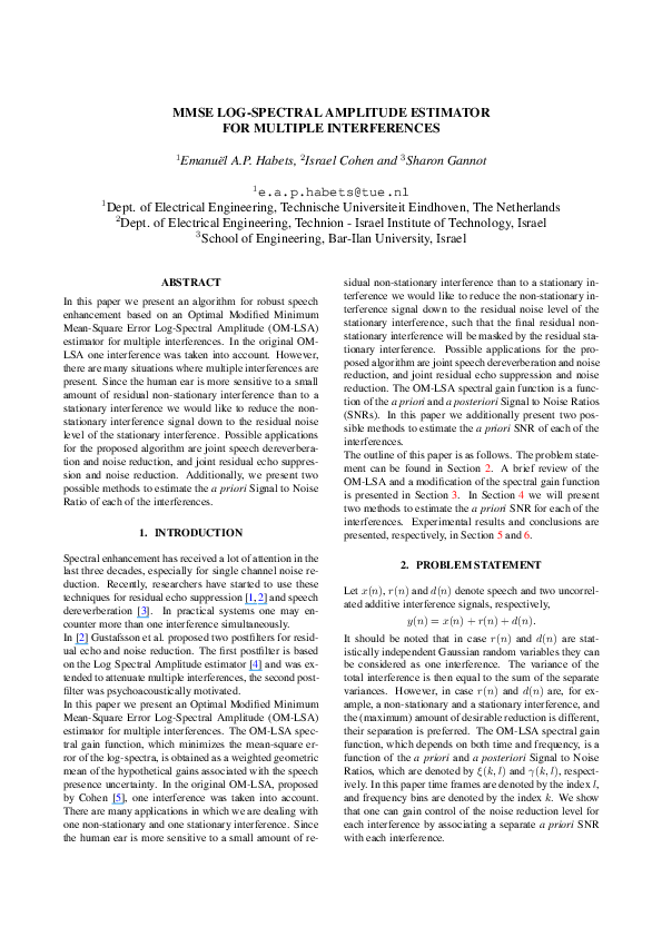 (PDF) Mmse Log-Spectral Amplitude Estimator for Multiple Interferences