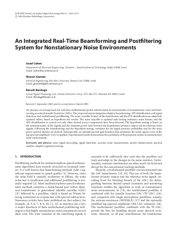 (PDF) An Integrated Real-Time Beamforming and Postfiltering System for Nonstationary Noise ...