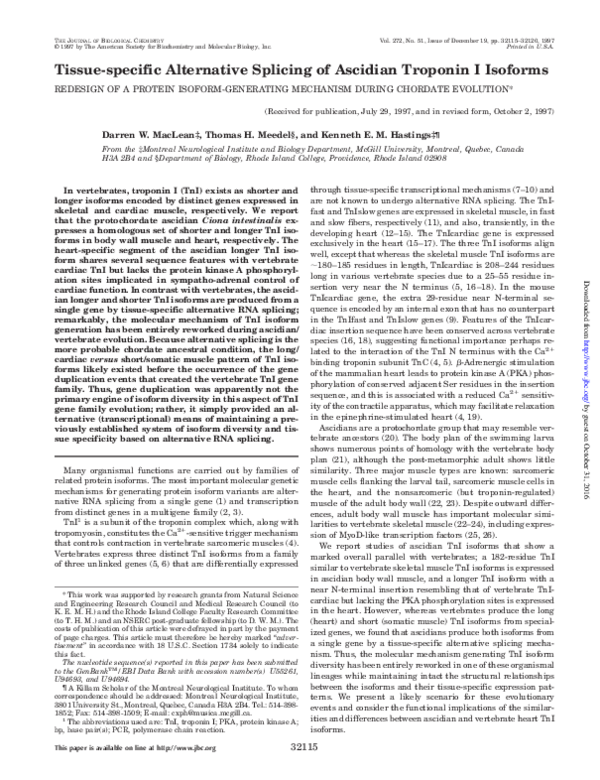 (PDF) Tissue-specific Alternative Splicing of Ascidian Troponin I ...