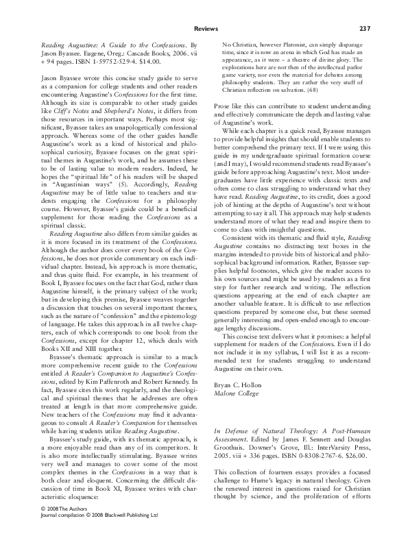(PDF) Reading Augustine: A Guide to the Confessions - By Jason Byassee