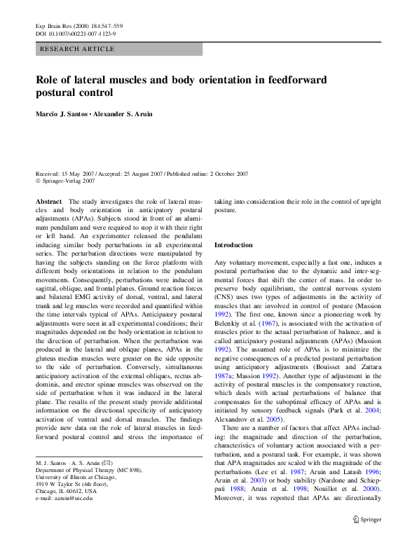 (PDF) Role of lateral muscles and body orientation in feedforward ...