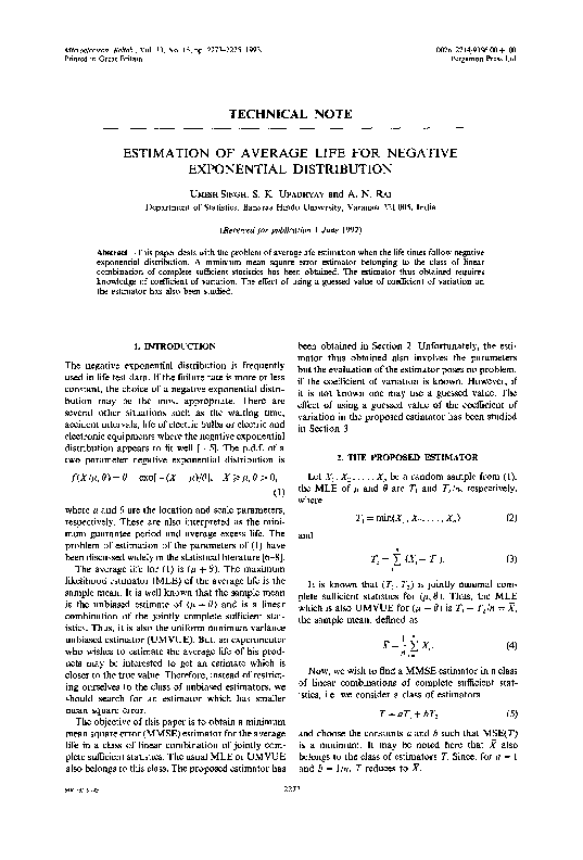 PDF Estimation Of Average Life For Negative Exponential Distribution PDF Estimation Of Average Life For Negative Exponential Distribution