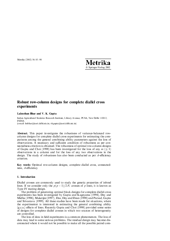 (PDF) Robust row-column designs for complete diallel cross experiments