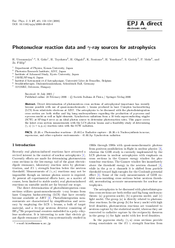(PDF) Photonuclear reaction data and γ-ray sources for astrophysics