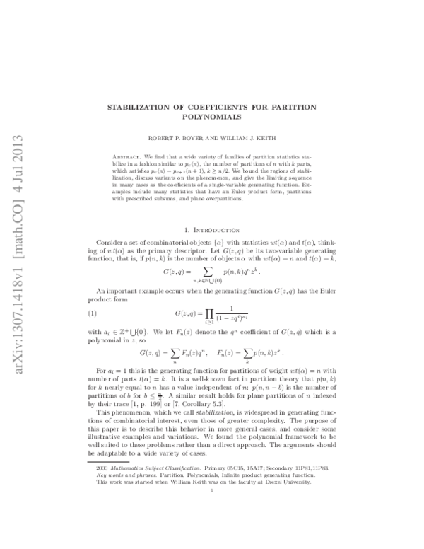 (PDF) Stabilization of coefficients for partition polynomials