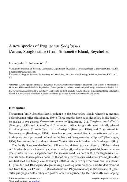 (PDF) A new species of frog, genus Sooglossus (Anura, Sooglossidae ...