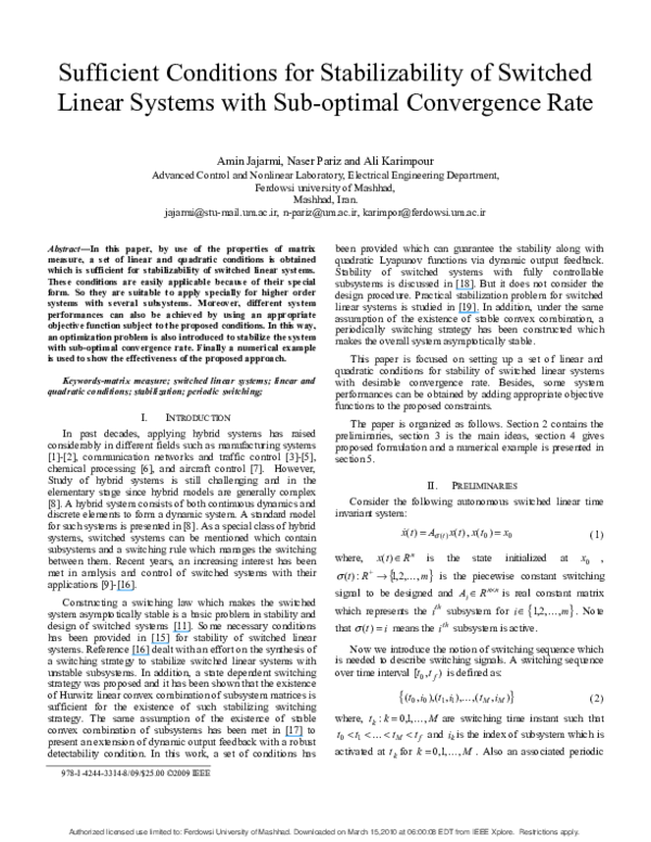 (PDF) Sufficient conditions for stabilizability of switched linear systems with sub-optimal ...