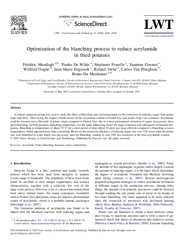 (PDF) Optimization of the blanching process to reduce acrylamide in fried potatoes