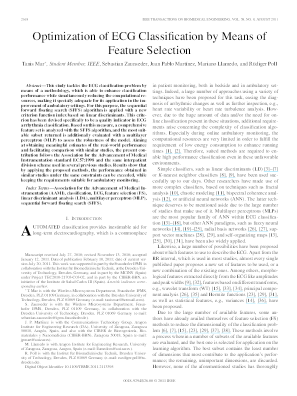 Pdf Optimization Of Ecg Classification By Means Of Feature Selection