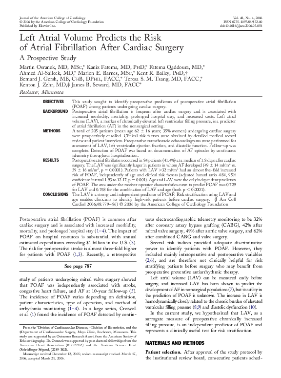 (PDF) Left Atrial Volume Predicts the Risk of Atrial Fibrillation After Cardiac Surgery